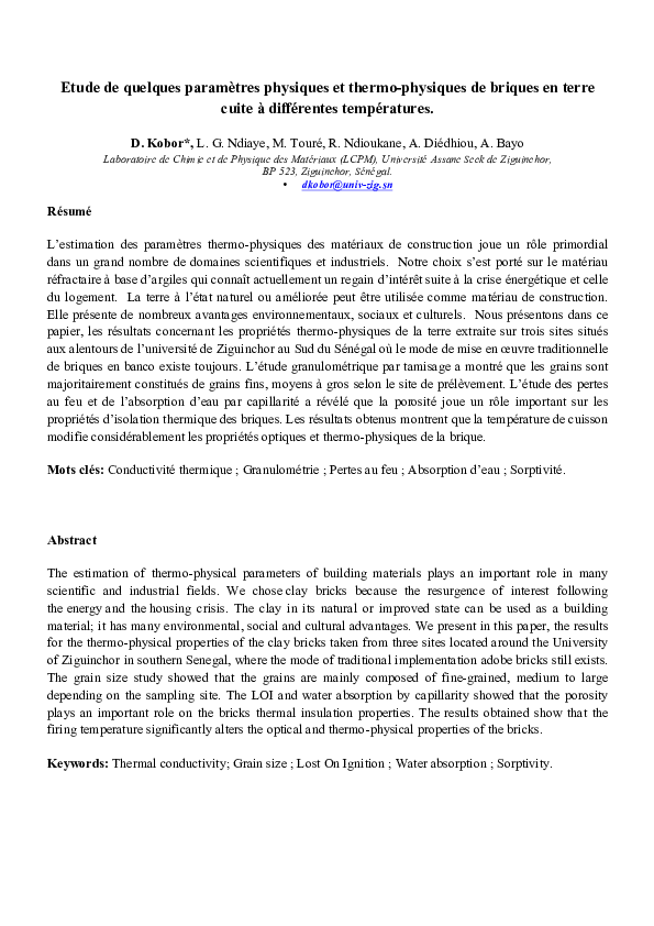 (PDF) Etude de quelques paramètres physiques et thermo-physiques de briques en terre cuite à ...