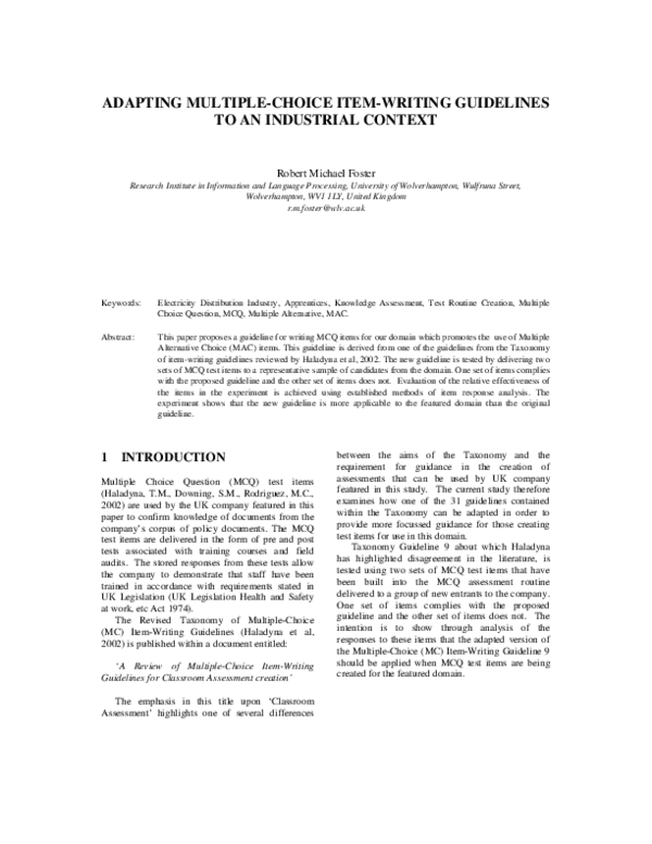 (PDF) Adapting Multiple-Choice Item-writing Guidelines to an Industrial ...