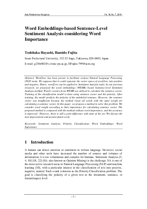 (PDF) Word Embeddings-based Sentence-Level Sentiment Analysis considering Word Importance