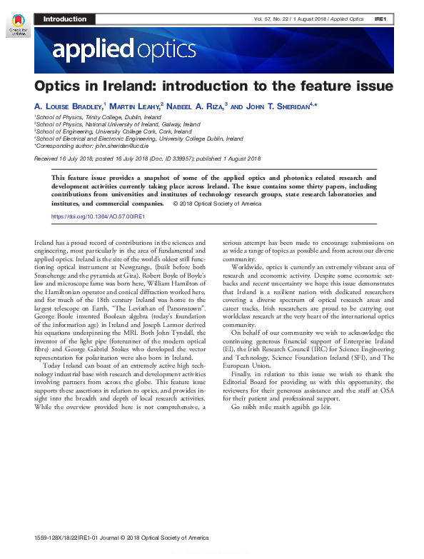 (PDF) Optics in Ireland: introduction to the feature issue