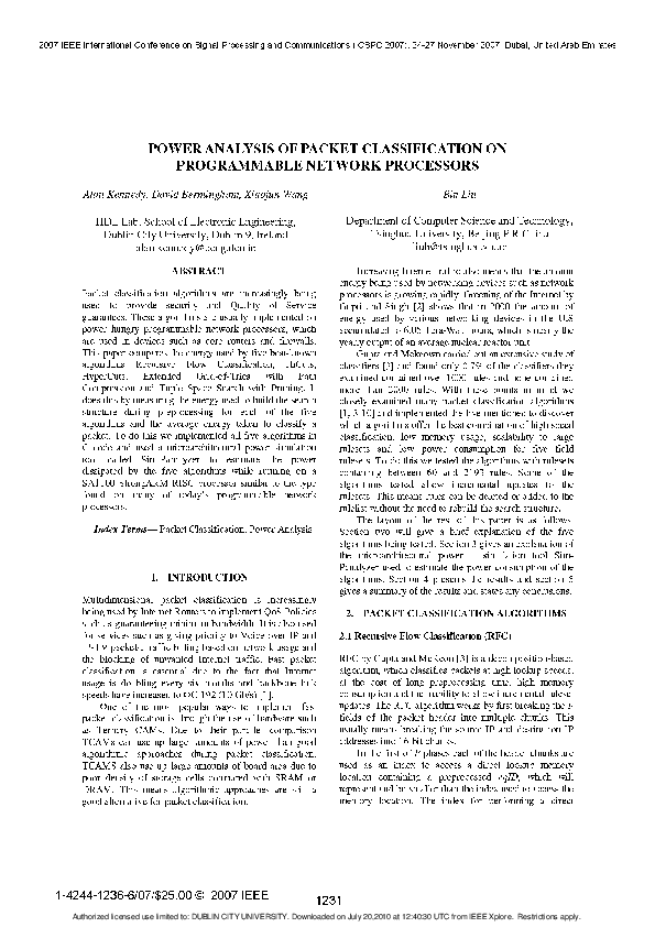 (PDF) Power analysis of packet classification on programmable network processors