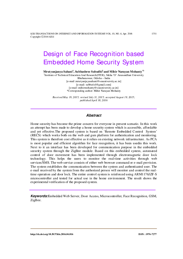 (PDF) Design of Face Recognition based Embedded Home Security System