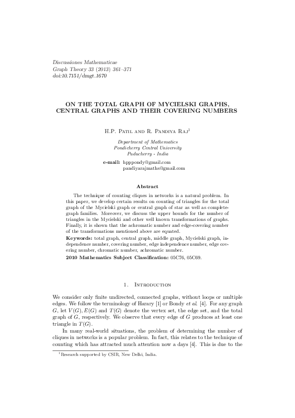 (PDF) On the total graph of Mycielski graphs, central graphs and their ...