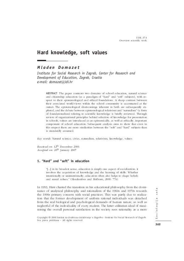 (PDF) Hard Knowledge, Soft Values