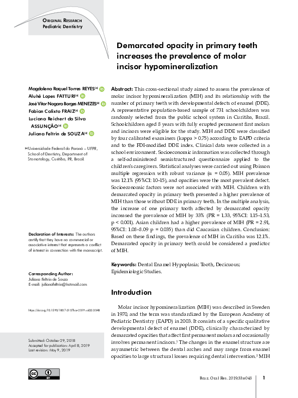 (PDF) Demarcated Opacity in Primary Teeth Predicts MIH