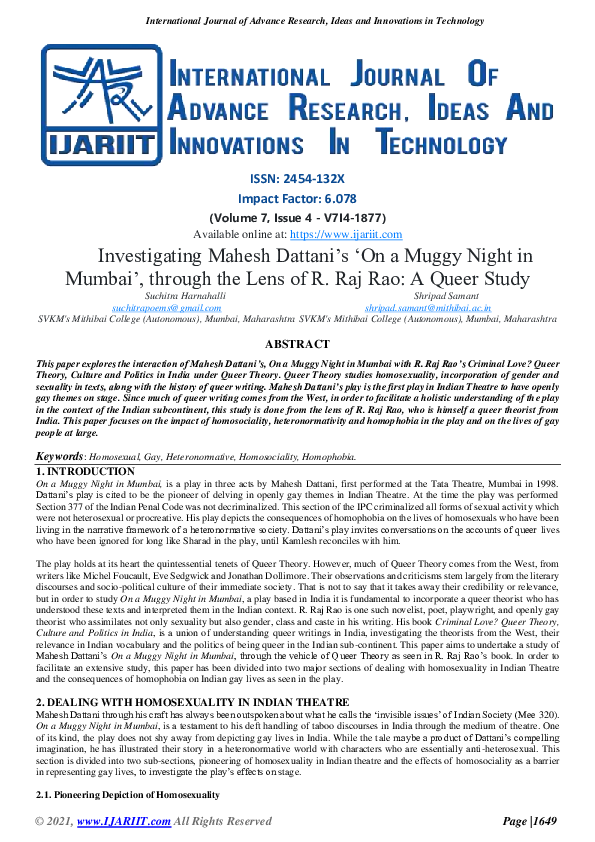 (PDF) Investigating Mahesh Dattani’s ‘On a Muggy Night in Mumbai ...