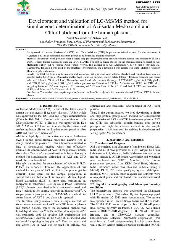 (PDF) Development and validation of LC-MS/MS method for simultaneous determination of Azilsartan ...