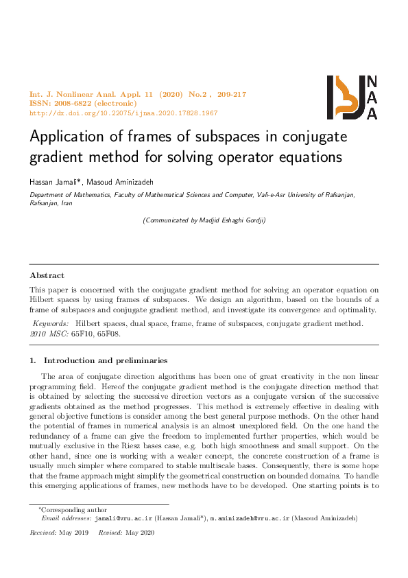 (PDF) Application of frames of subspaces in conjugate gradient method for solving operator equations