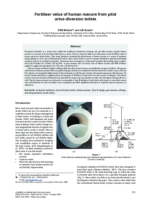 (PDF) Fertiliser value of human manure from pilot urine-diversion toilets