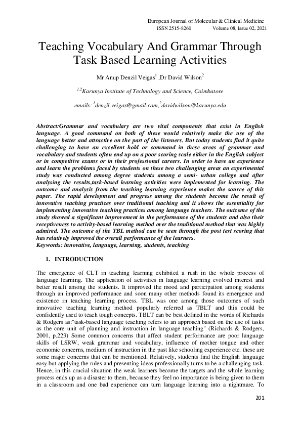 (PDF) Teaching Vocabulary And Grammar Through Task Based Learning ...