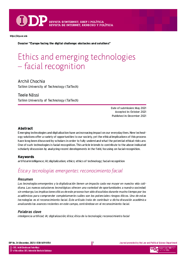 (PDF) Ethics and emerging technologies – facial recognition