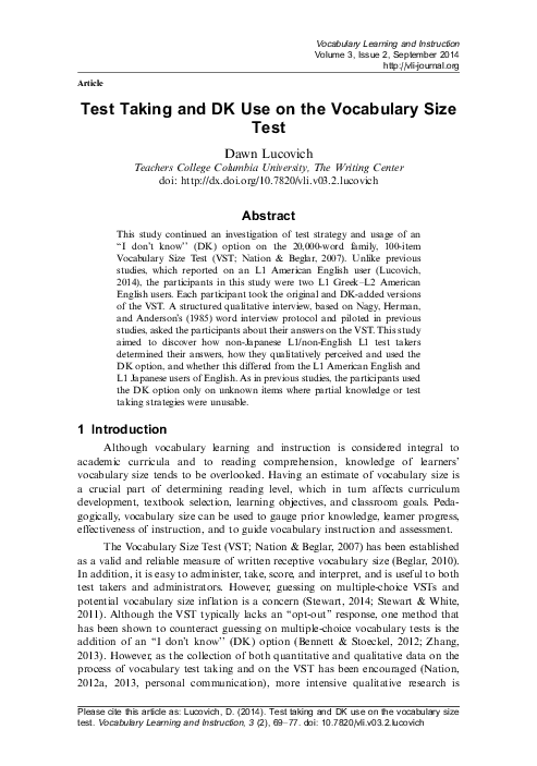 (PDF) Test Taking and DK Use on the Vocabulary Size Test