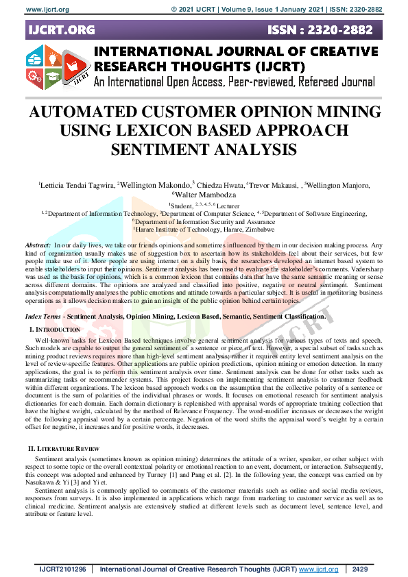 (PDF) Automated Customer Opinion Mining Using Lexicon Based Approach Sentiment Analysis