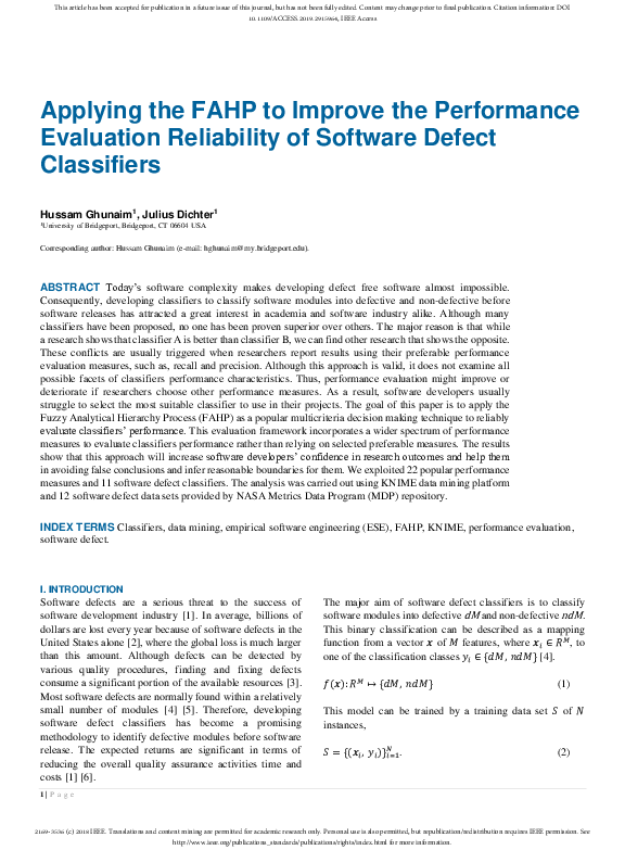 (PDF) Applying the FAHP to Improve the Performance Evaluation Reliability of Software Defect ...