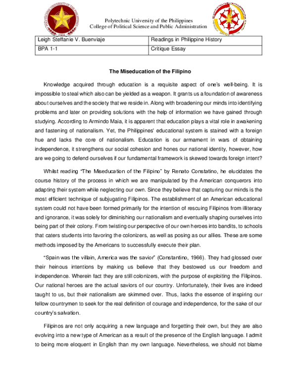 (PDF) The Miseducation of the Filipino by Renato Constantino- Critique Essay