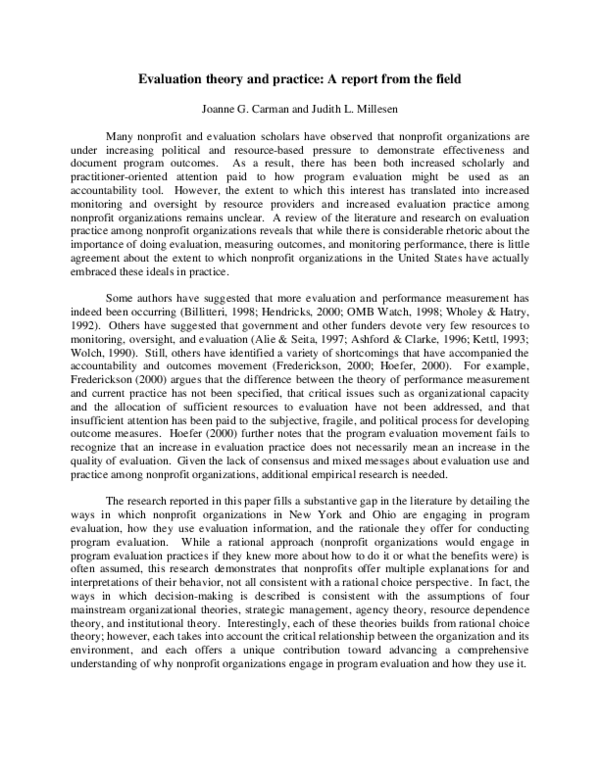 (PDF) Evaluation theory and practice : A report from the field