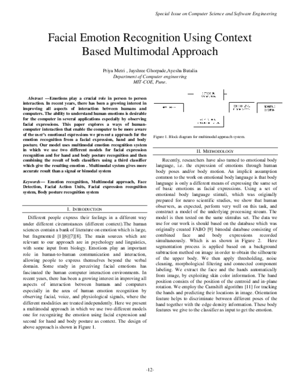 (PDF) Facial Emotion Recognition Using Context Based Multimodal Approach (PDF) Facial Emotion Recognition Using Context Based Multimodal Approach