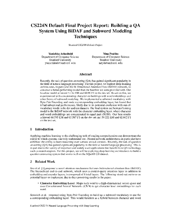 (PDF) CS 224 N Default Final Project Report : Building a QA System Using BiDAF and Subword ...