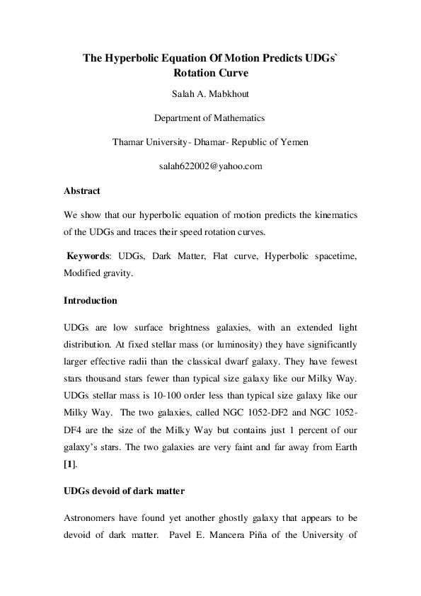 (PDF) The Hyperbolic Equation Of Motion Predicts UDGs` Rotation Curve
