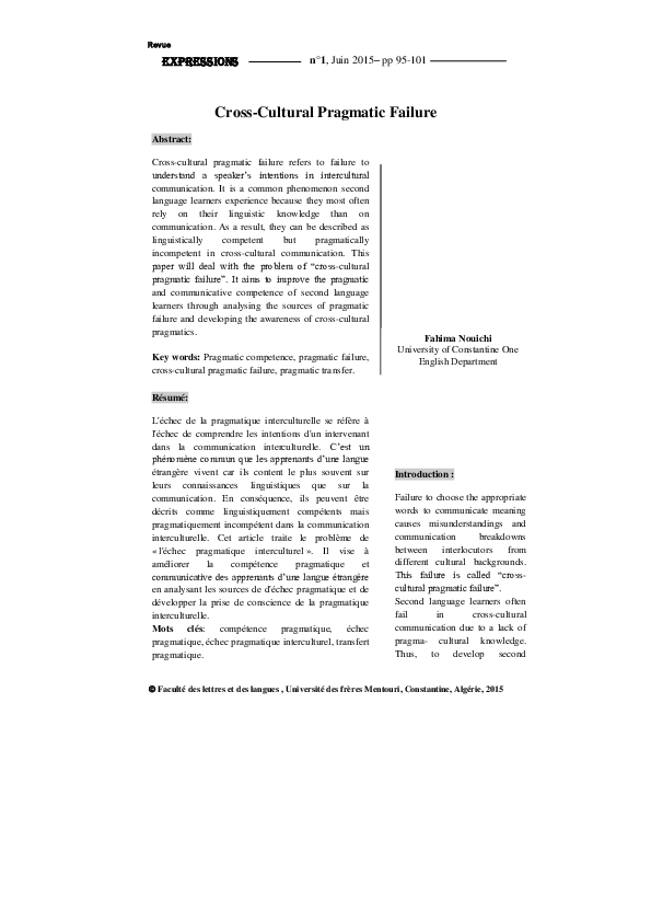 (PDF) Cross – Cultural Pragmatic Failure