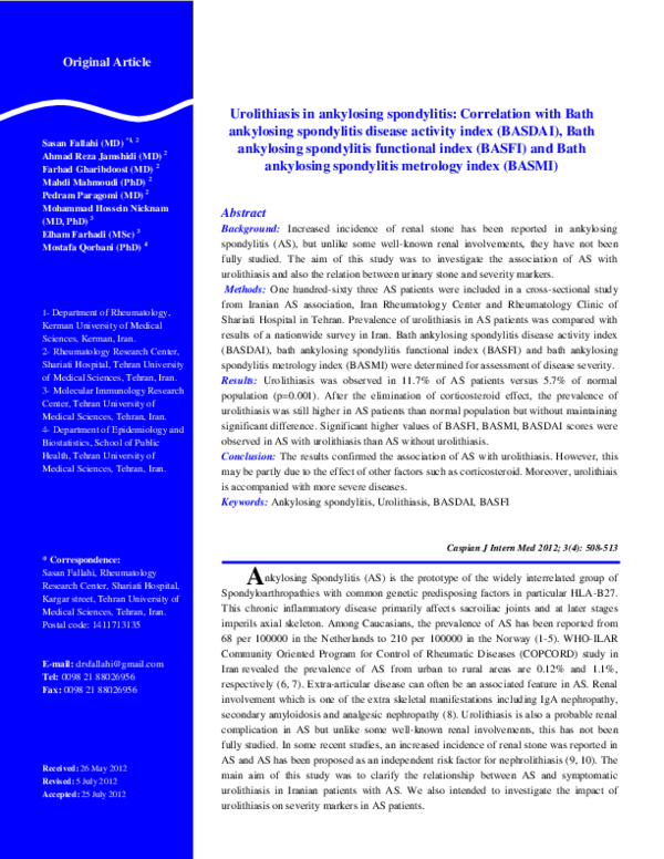 (PDF) Urolithiasis in ankylosing spondylitis: Correlation with Bath ...