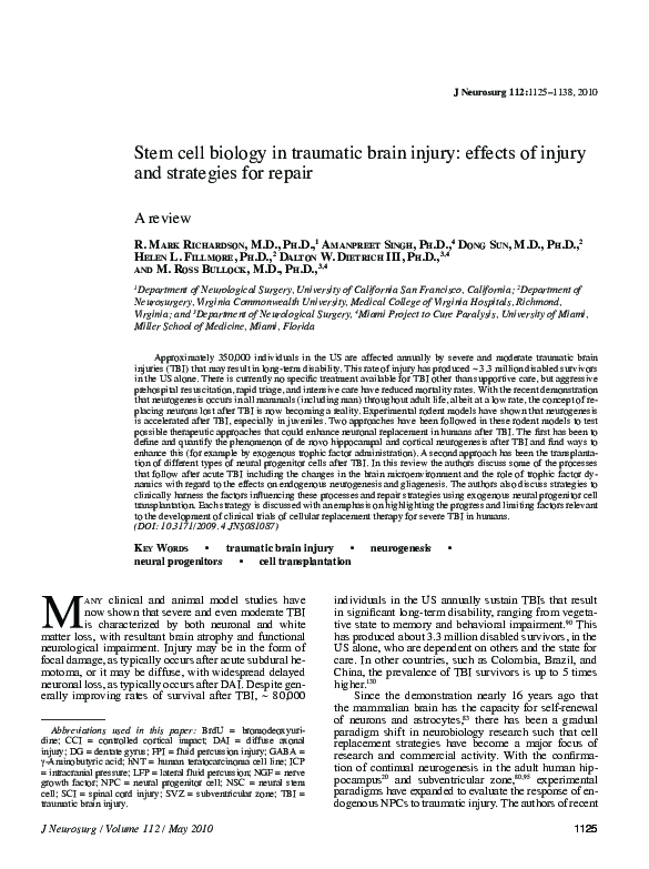 (PDF) Stem cell biology in traumatic brain injury: effects of injury ...