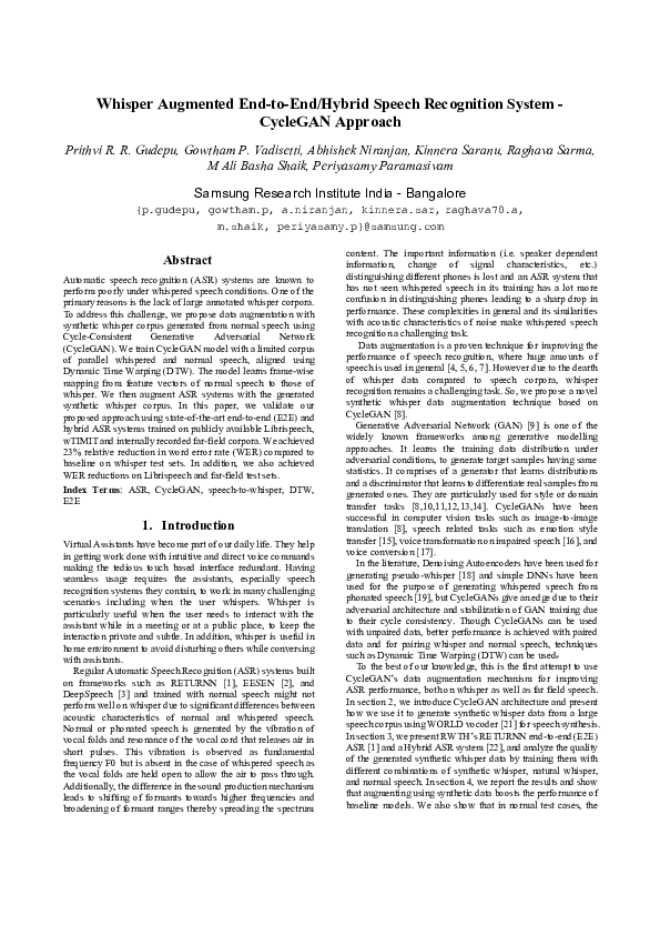 (PDF) Whisper Augmented End-to-End/Hybrid Speech Recognition System - CycleGAN Approach