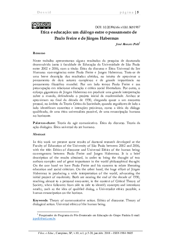 (PDF) Ética e Educação: um diálogo entre o pensamento de Paulo Freire e ...
