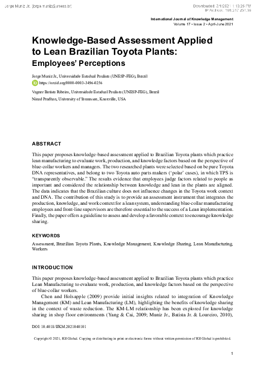 (PDF) Knowledge-Based Assessment Applied to Lean Brazilian Toyota Plants: Employees' Perceptions