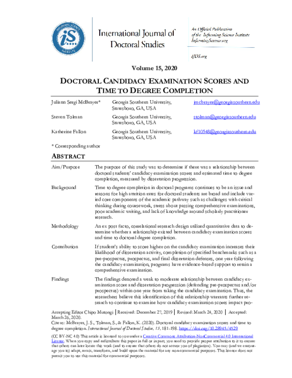(PDF) Doctoral Candidacy Examination Scores and Time to Degree Completion