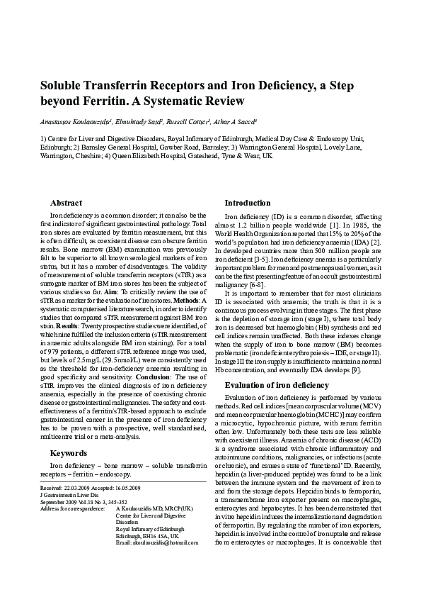 (PDF) Soluble transferrin receptors and iron deficiency, a step beyond ...