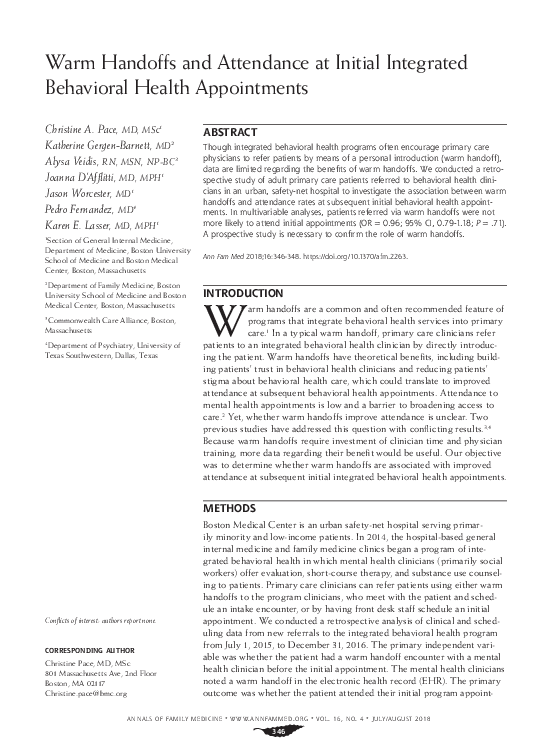 (PDF) Warm Handoffs and Attendance at Initial Integrated Behavioral ...