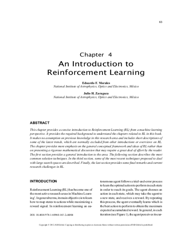 (PDF) An Introduction to Reinforcement Learning