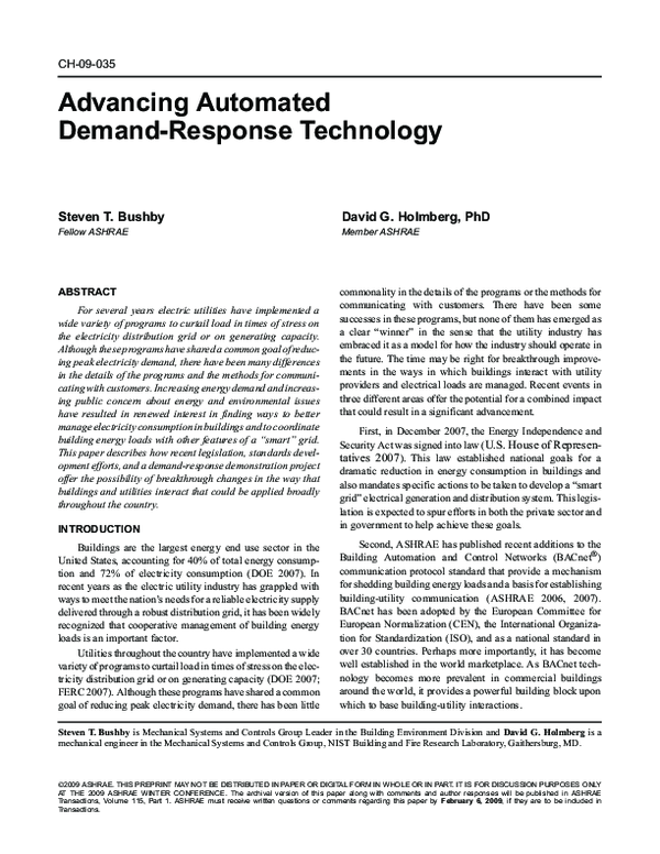 (PDF) Advancing Automated Demand-Response Technology | Steven T Bushby ...