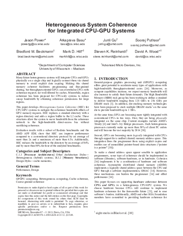 (PDF) Heterogeneous system coherence for integrated CPU-GPU systems