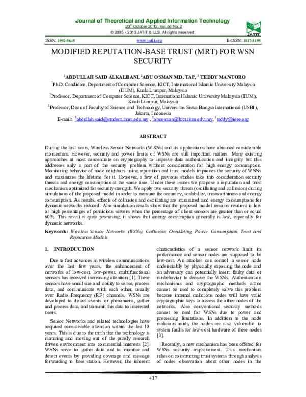 Pdf Modified Reputation Base Trust Mrt For Wsn Security