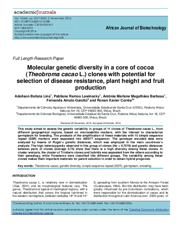 (PDF) Molecular genetic diversity in a core of cocoa (Theobroma cacao L ...