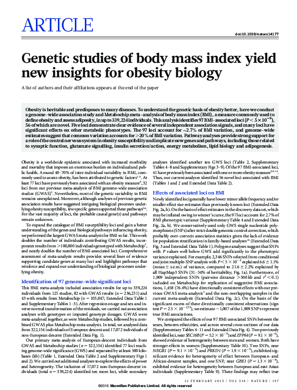 (PDF) Genetic studies of body mass index yield new insights for obesity ...