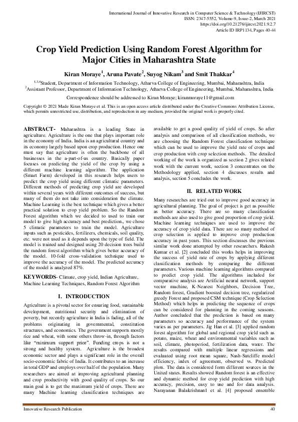 (PDF) Crop Yield Prediction Using Random Forest Algorithm for Major ... (PDF) Crop Yield Prediction Using Random Forest Algorithm for Major ...
