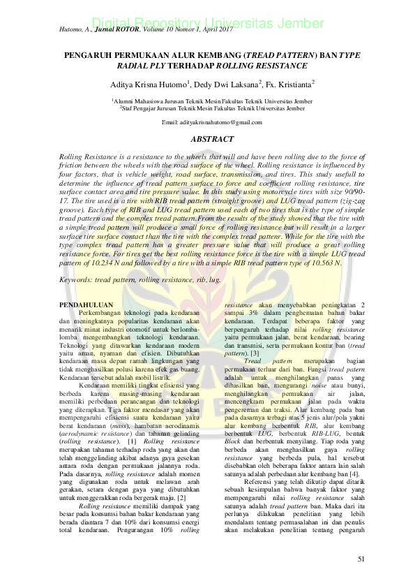 (PDF) Pengaruh Permukaan Alur Kembang (Tread Pattern) Ban Type Radial ...