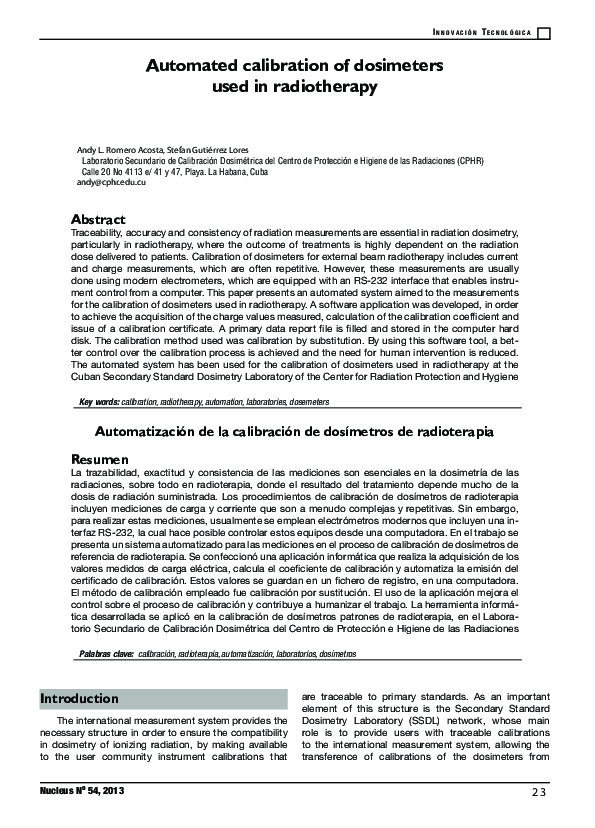 (PDF) Automated calibration of dosimeters used in radiotherapy | Andy ...