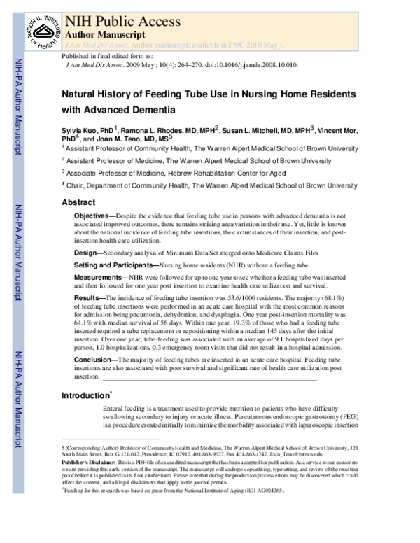 (PDF) Natural history of feeding-tube use in nursing home residents ...