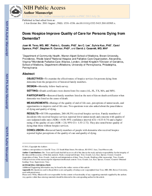 (PDF) Does hospice improve quality of care for persons dying from dementia?