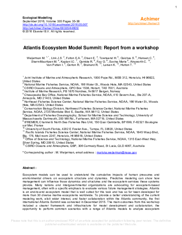 (PDF) Atlantis Ecosystem Model Summit: Report from a workshop