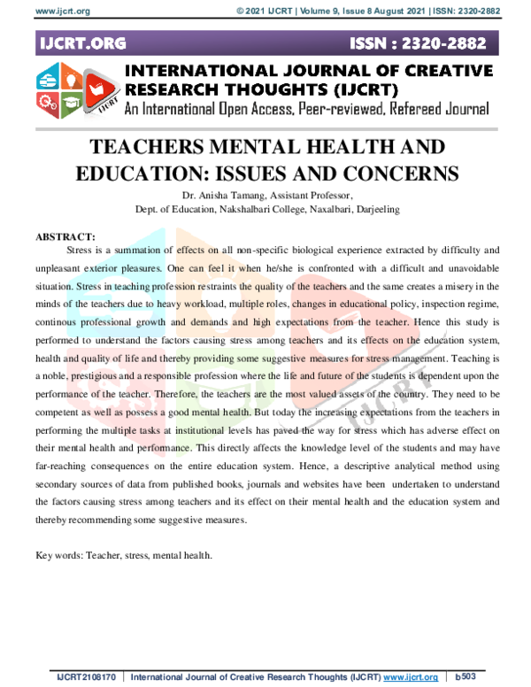(PDF) Teachers Mental Health and Education: Issues and Concerns ...