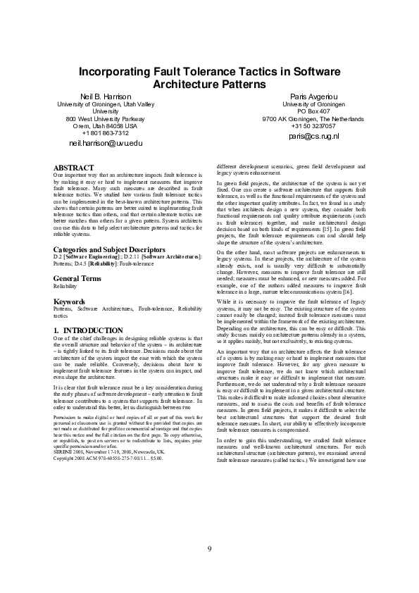 (PDF) Incorporating fault tolerance tactics in software architecture patterns