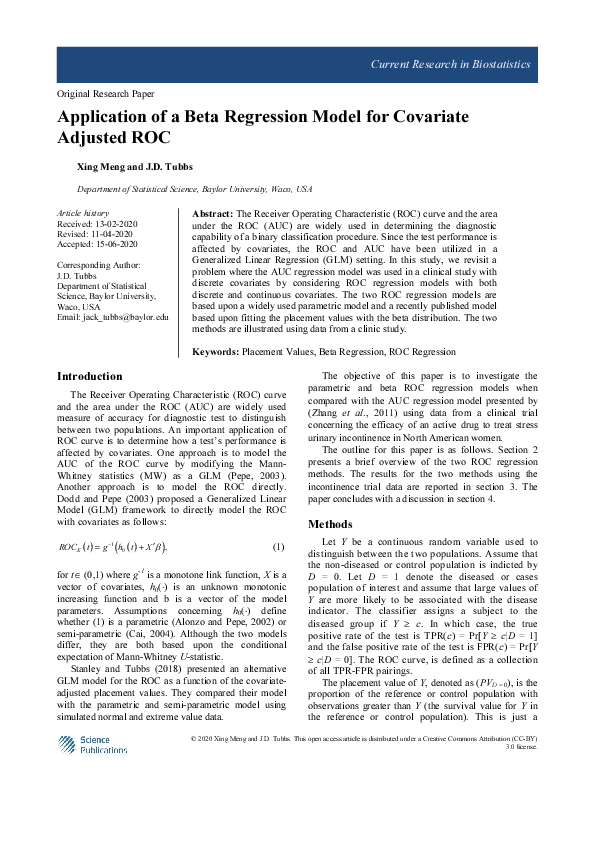 (PDF) Application of a Beta Regression Model for Covariate Adjusted ROC