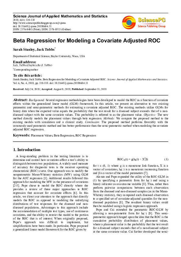 (PDF) Beta Regression for Modeling a Covariate Adjusted ROC