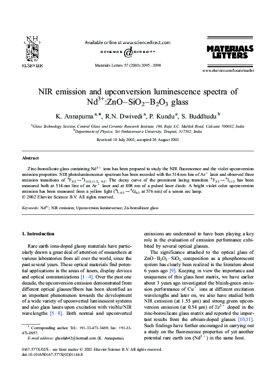(PDF) NIR emission and upconversion luminescence spectra of Nd3+:ZnO–SiO2–B2O3 glass