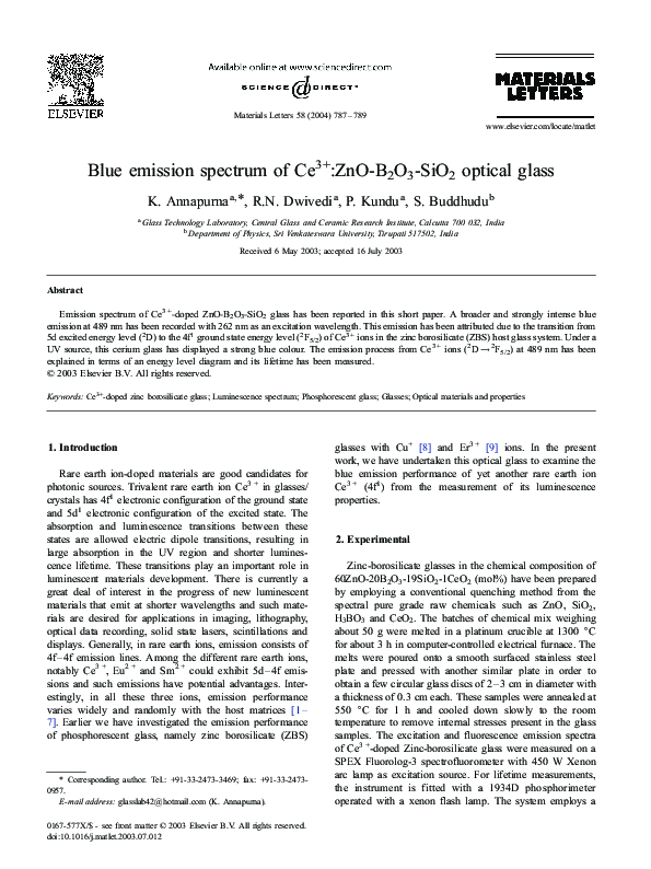 (PDF) Blue emission spectrum of Ce 3+:ZnO-B 2O 3SiO 2 optical glass